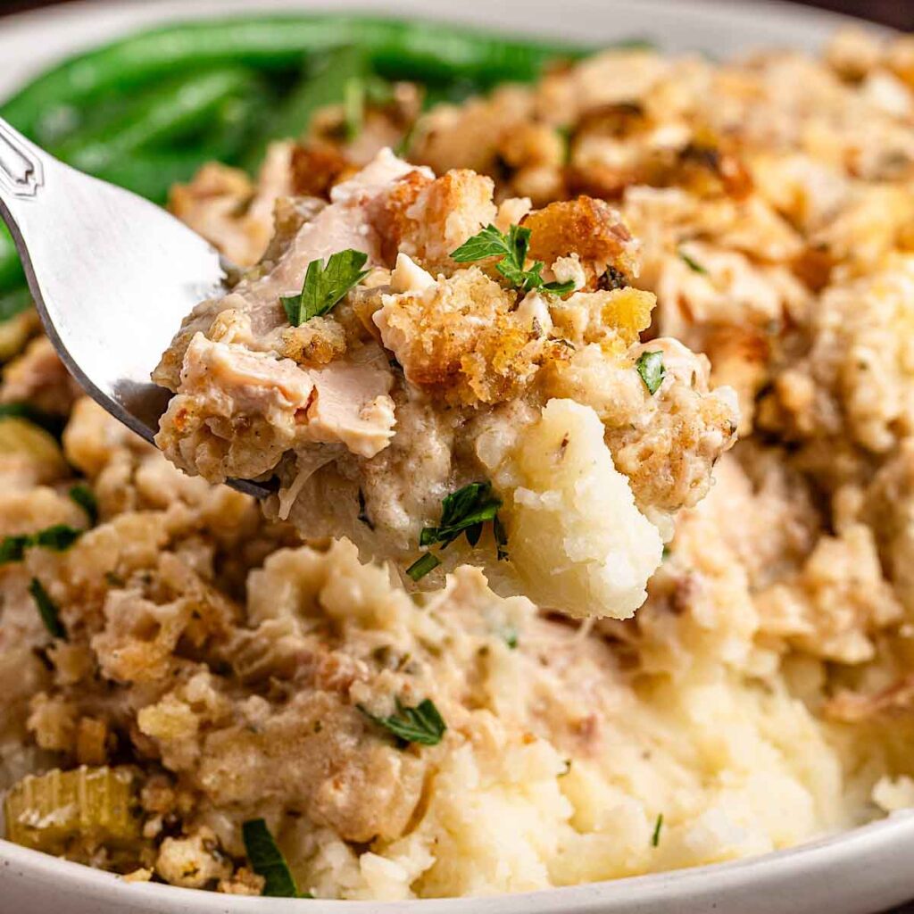 Slow cooker chicken and stuffing with green beans - Deliciously Home Cooked