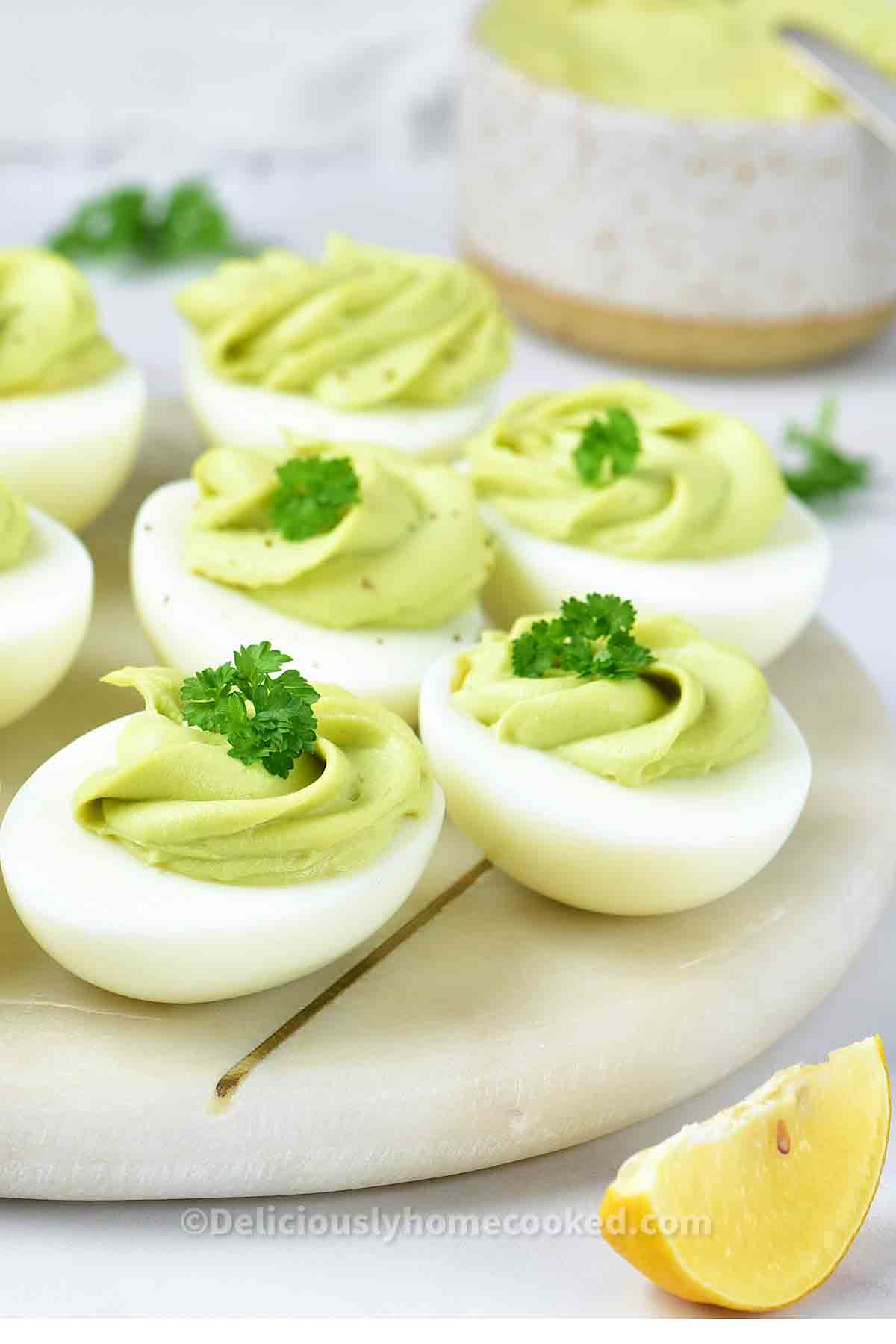 Creamy Avocado deviled eggs recipe - Deliciously Home Cooked