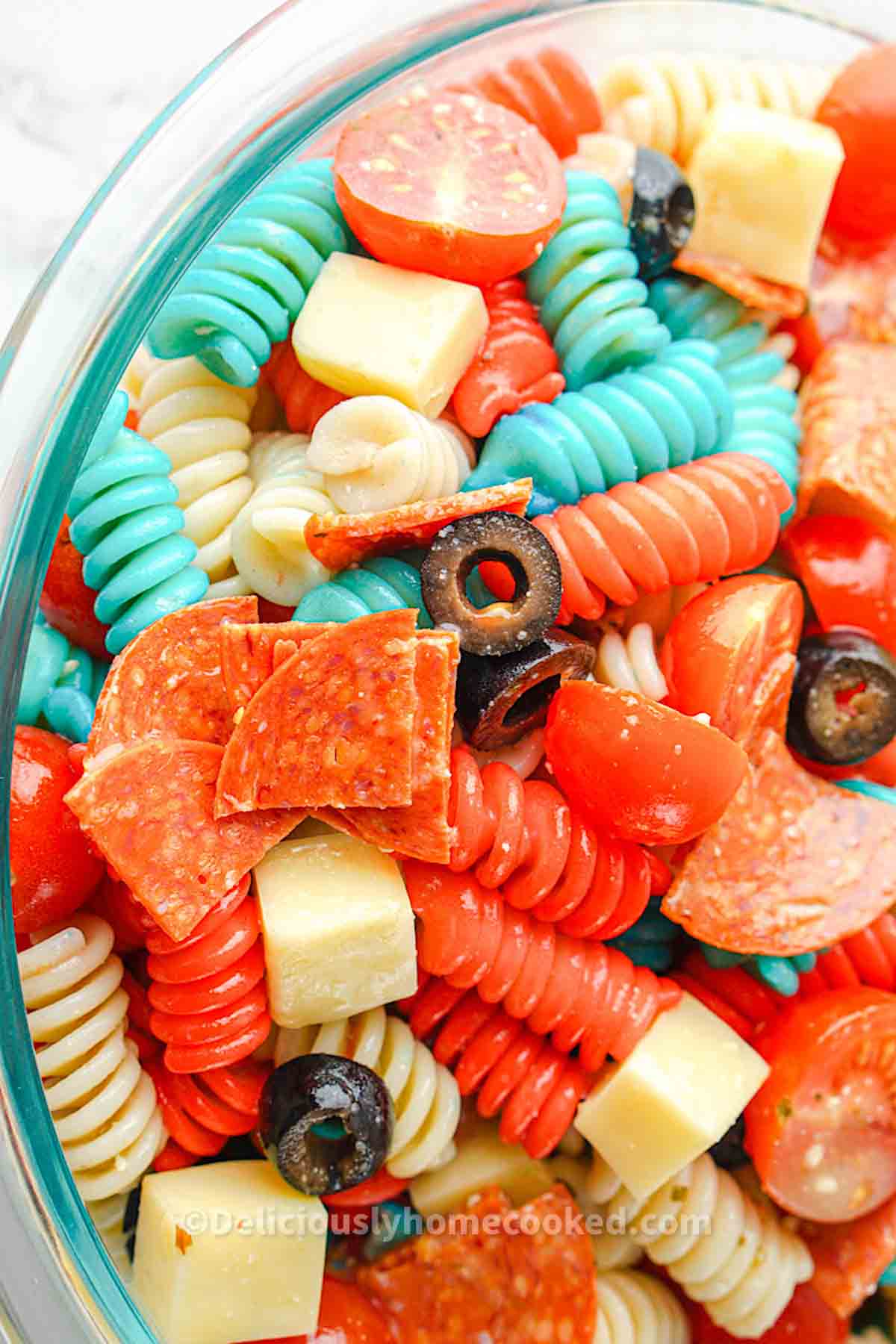 Red white and blue pasta salad - Deliciously Home Cooked