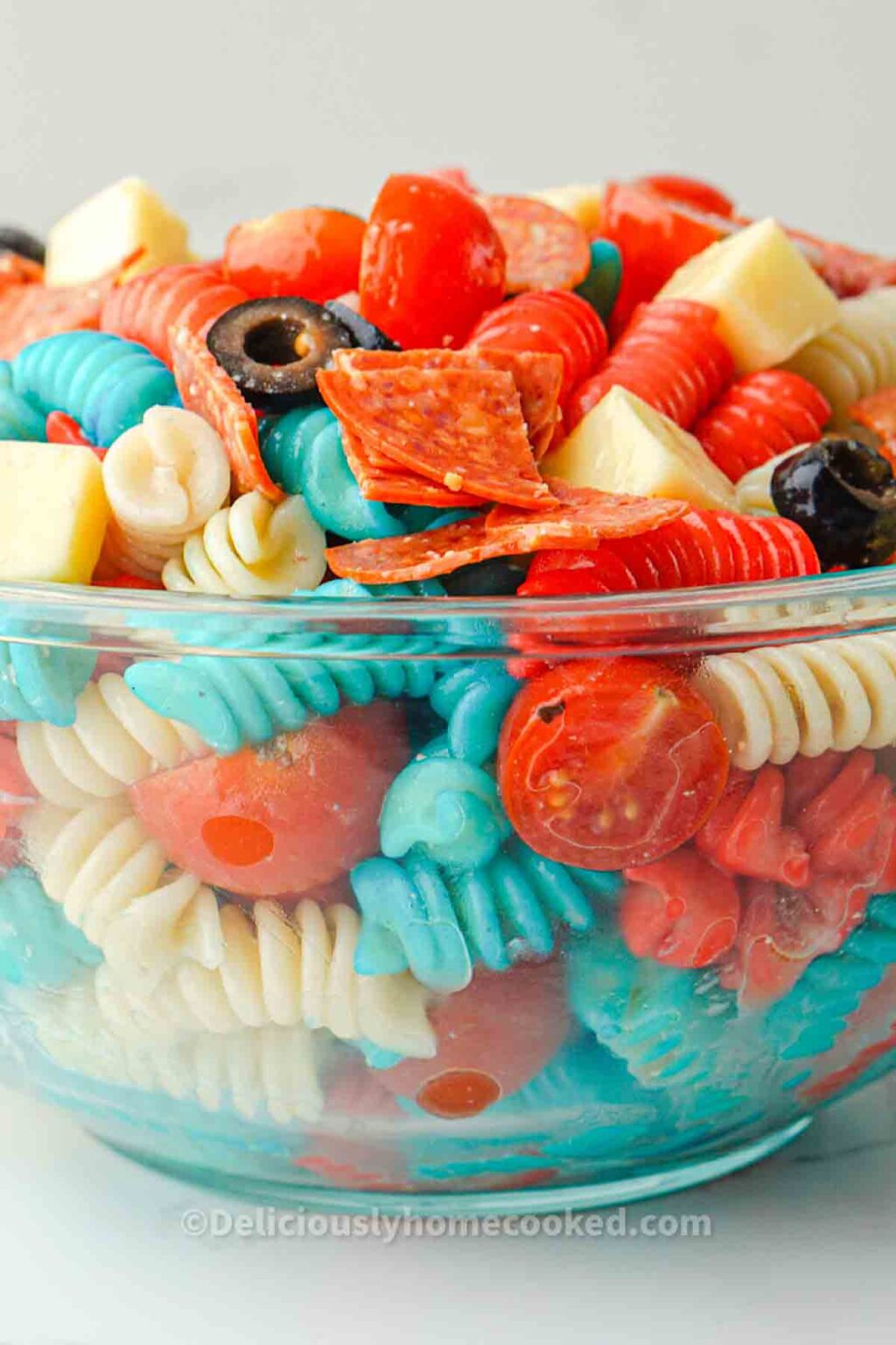 Red white and blue pasta salad - Deliciously Home Cooked