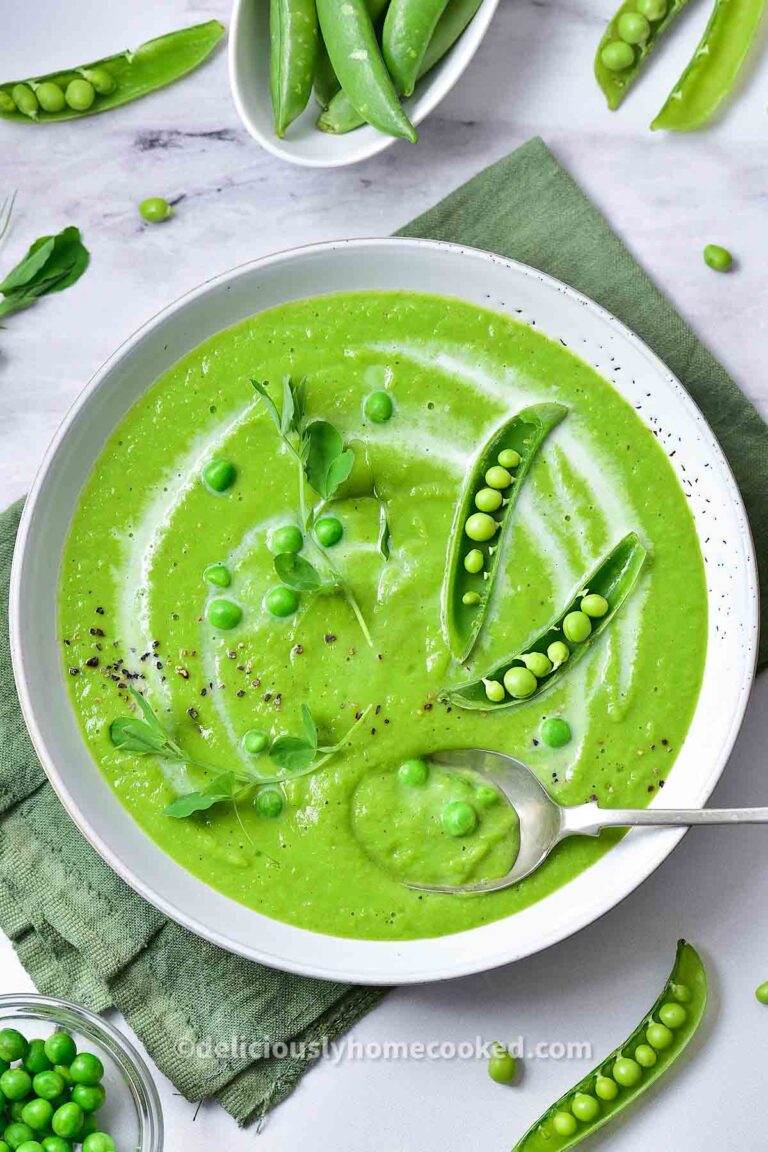 Easy creamy green pea soup - Deliciously Home Cooked