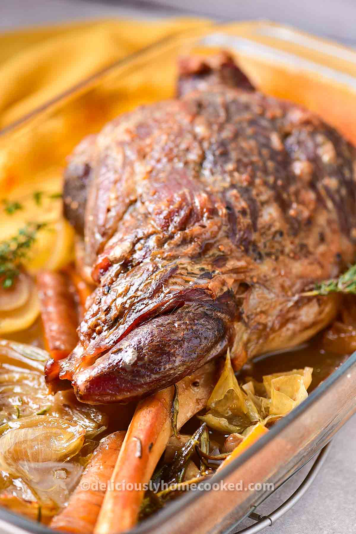Slow Roasted Leg of Lamb with Garlic Herb Gravy.