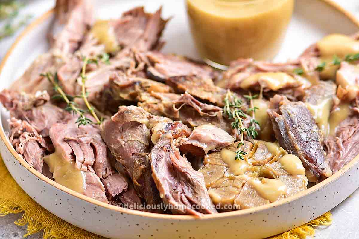 Slow Roasted Leg of Lamb with Garlic Herb Gravy.